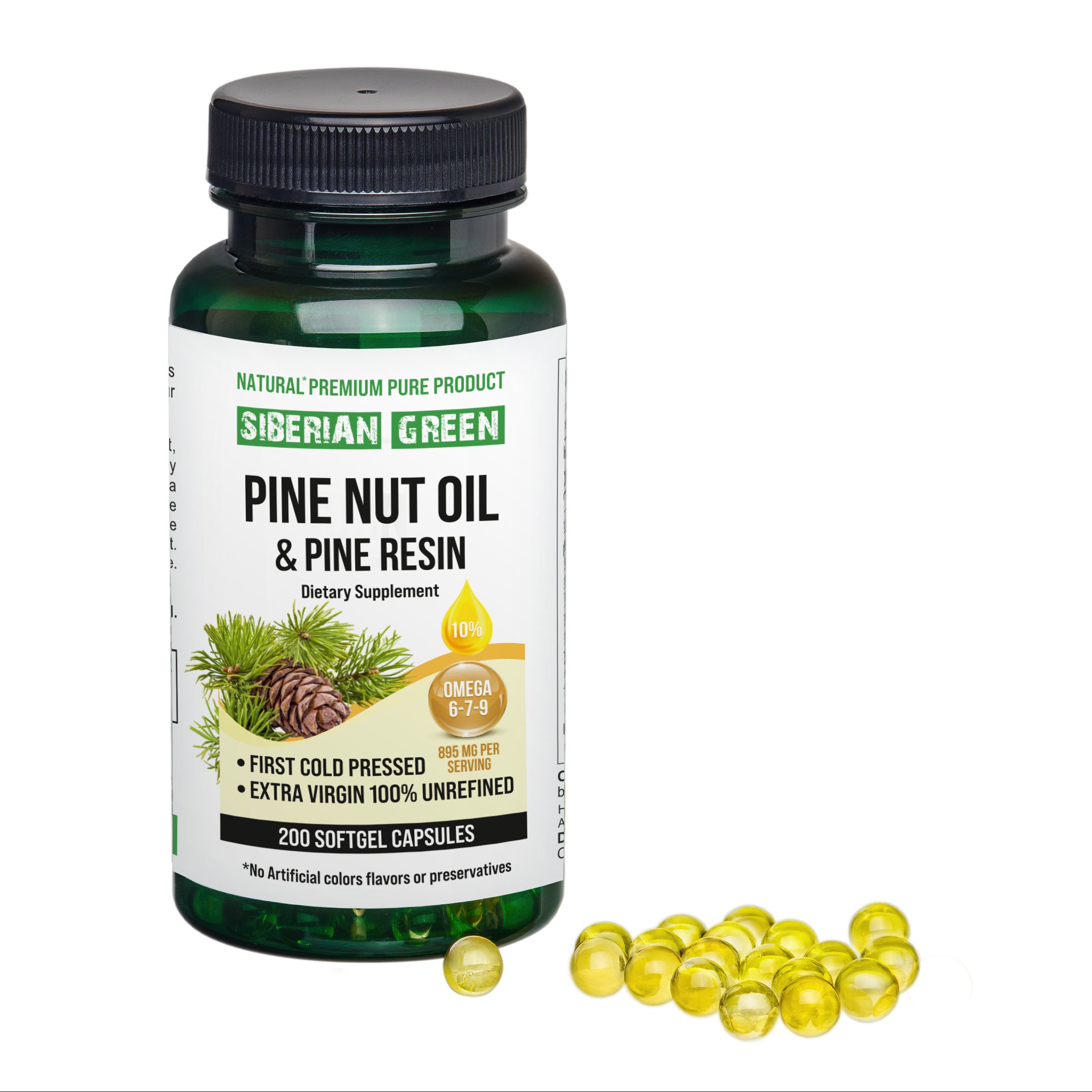 Pine Nut Oil Capsules with Resin – 200 Softgels - Siberian Green Canada